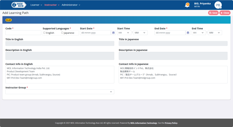 Add Learning Path - Field Descriptions